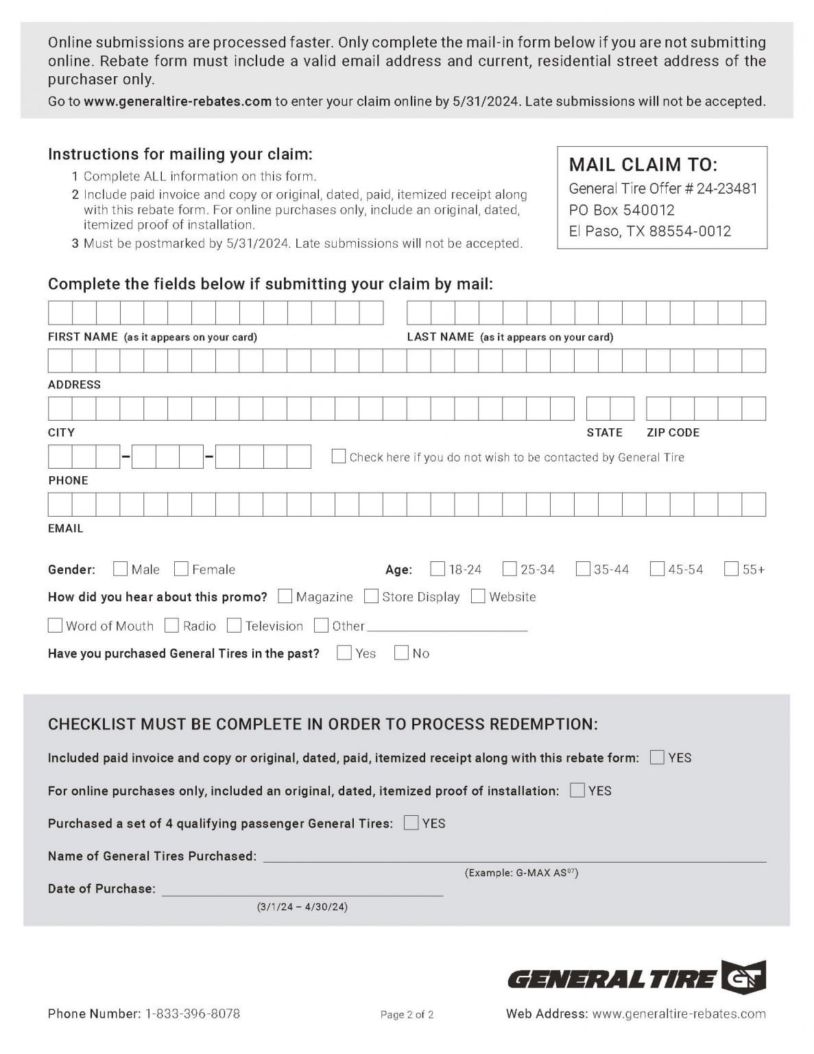 General Tire Rebate March April 2024 $70 - Car-X